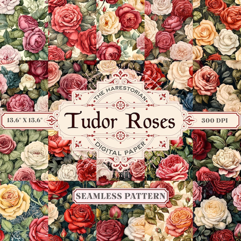 Tudor Roses (set of 20), English Rose Pattern, Elizabethan Era, Digital ...