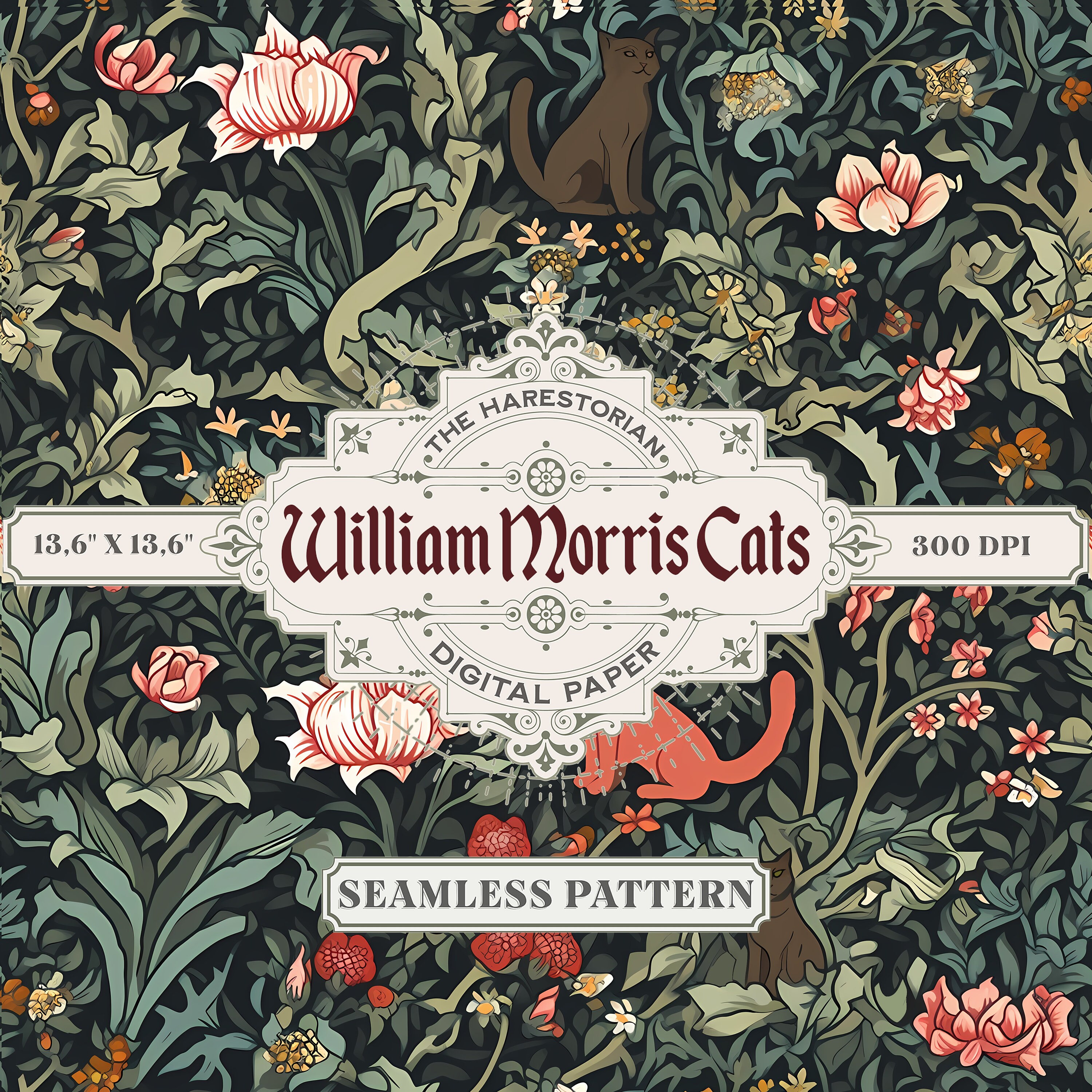 William Morris CATS (set of 16), Victorian English Cat Pattern, Digital ...