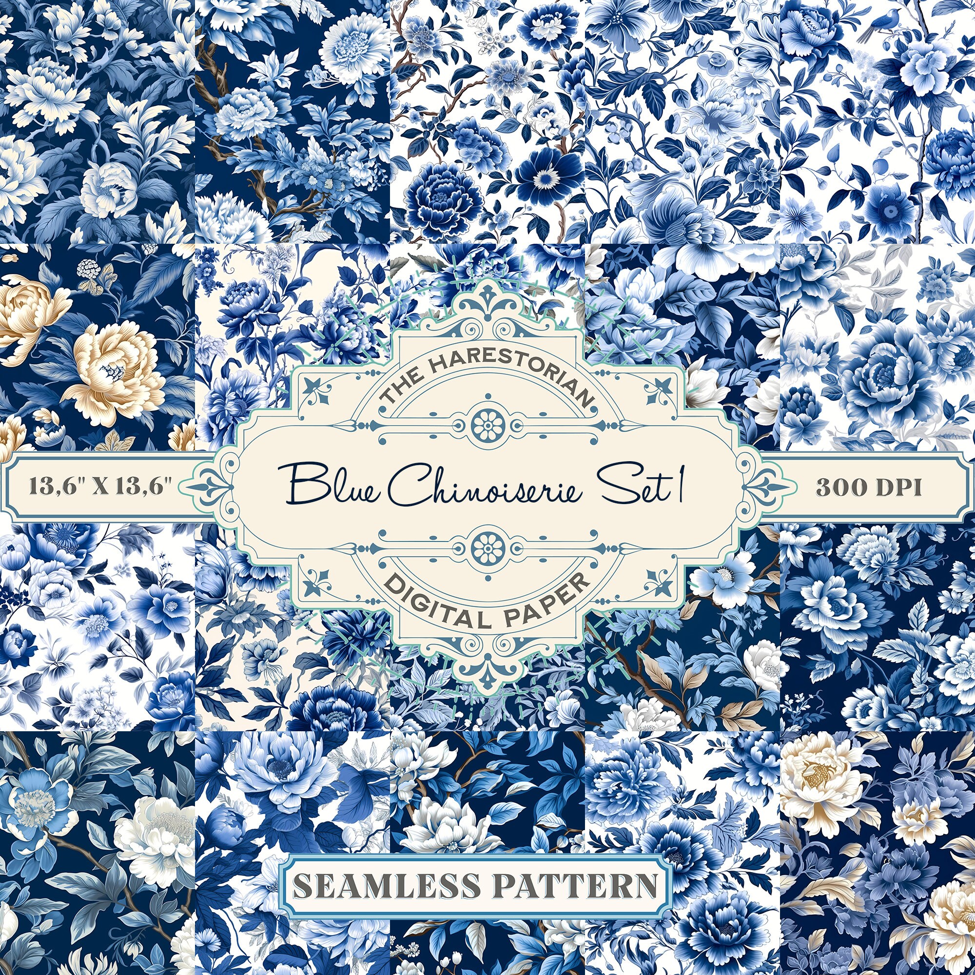 Blue Chinoiserie (set of 20), Eastern Asian Pattern, Digital Art, Instant Download, Printable ...