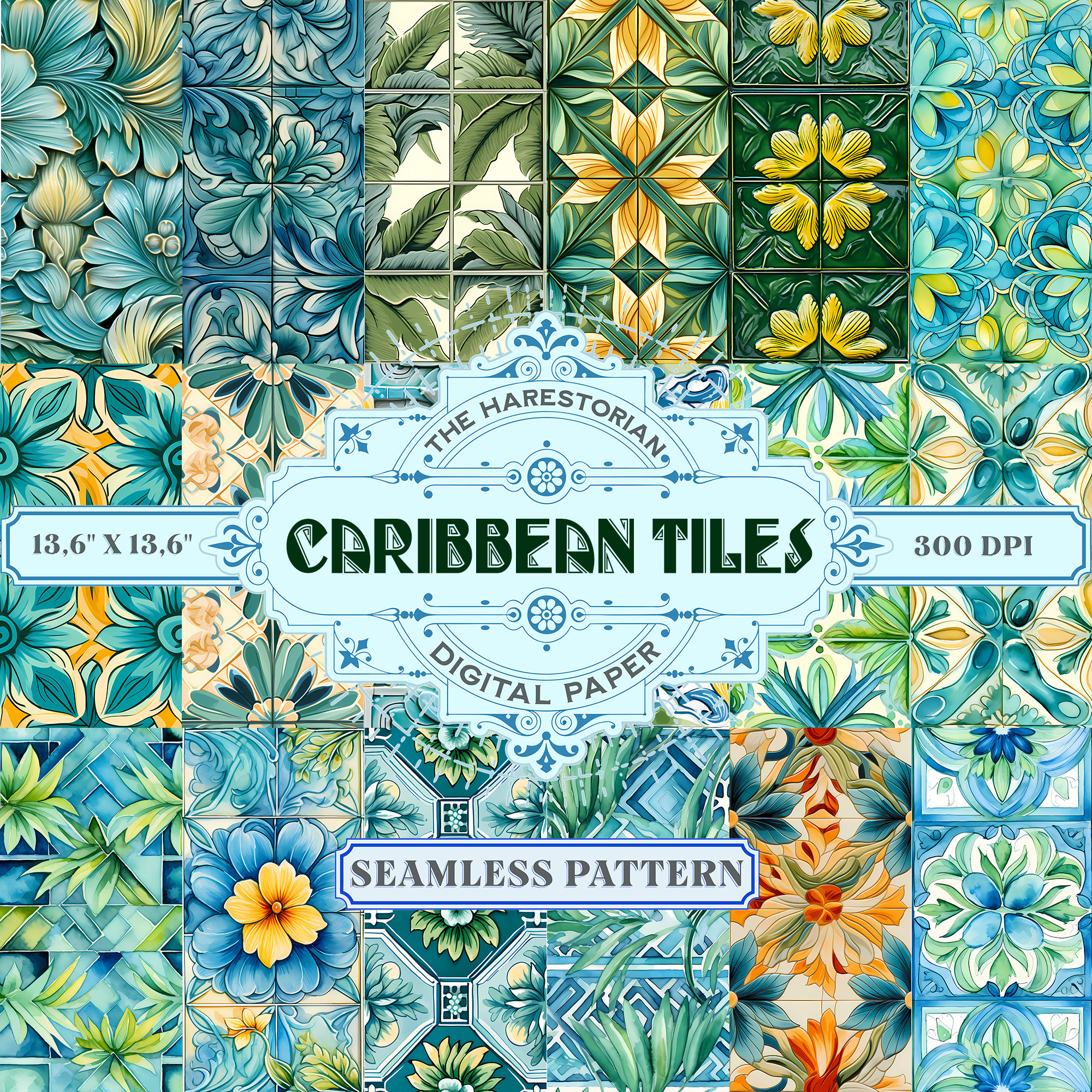 Caribbean Tiles (set of 18), Tropical, Summer, Palm Leaves, Digital Art ...