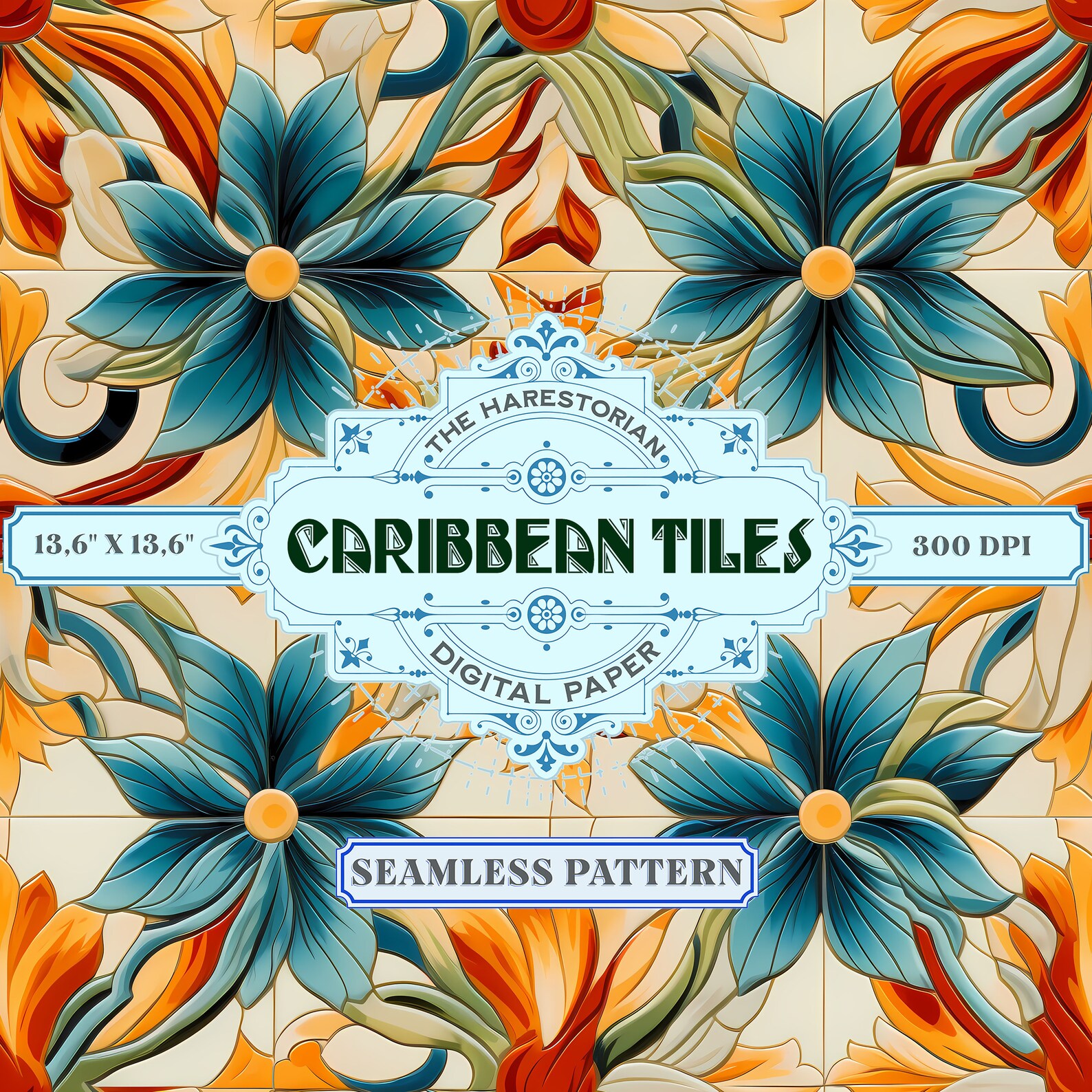 Caribbean Tiles (set of 18), Tropical, Summer, Palm Leaves, Digital Art ...