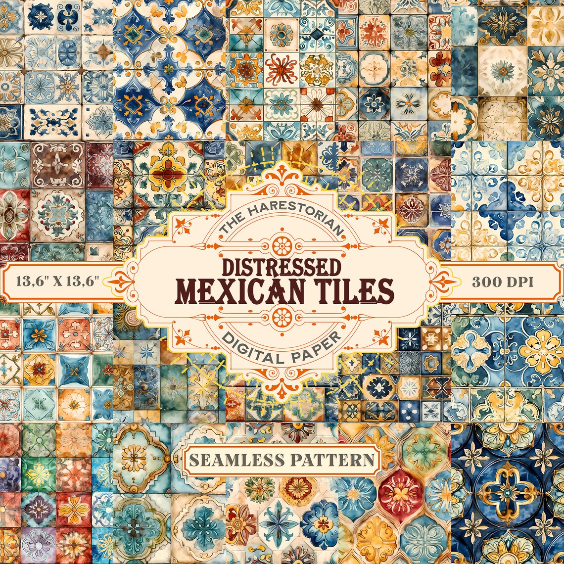 Distressed Mexican Tiles (set of 20), Digital Art, Instant Download ...