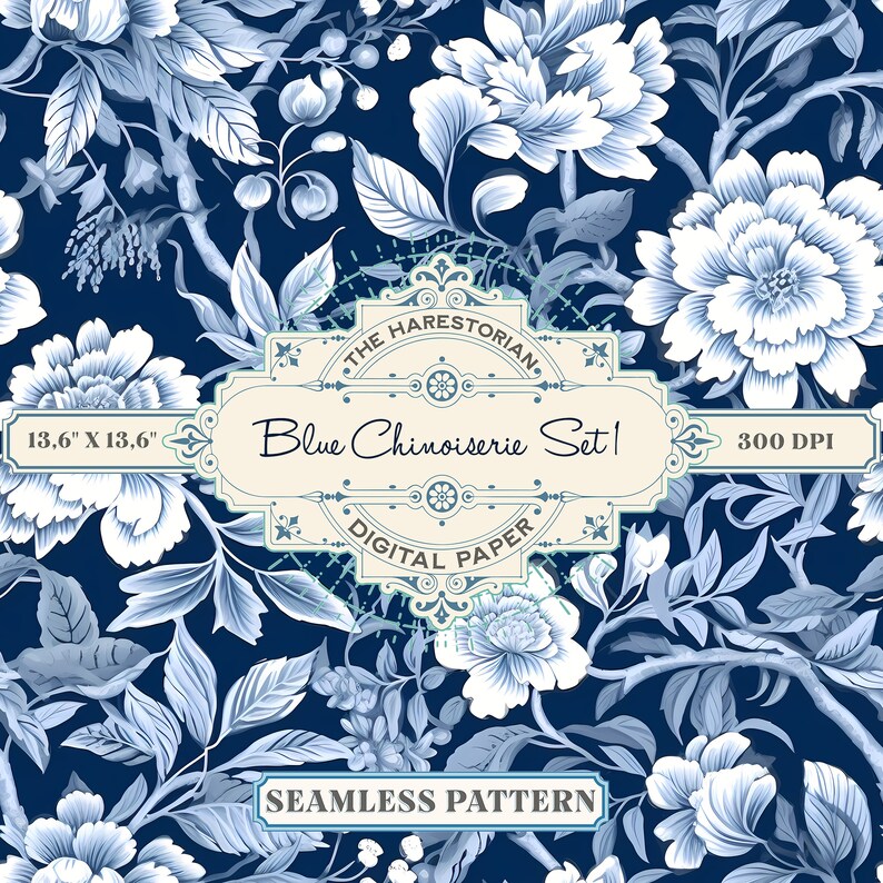 Blue Chinoiserie (set of 20), Eastern Asian Pattern, Digital Art ...
