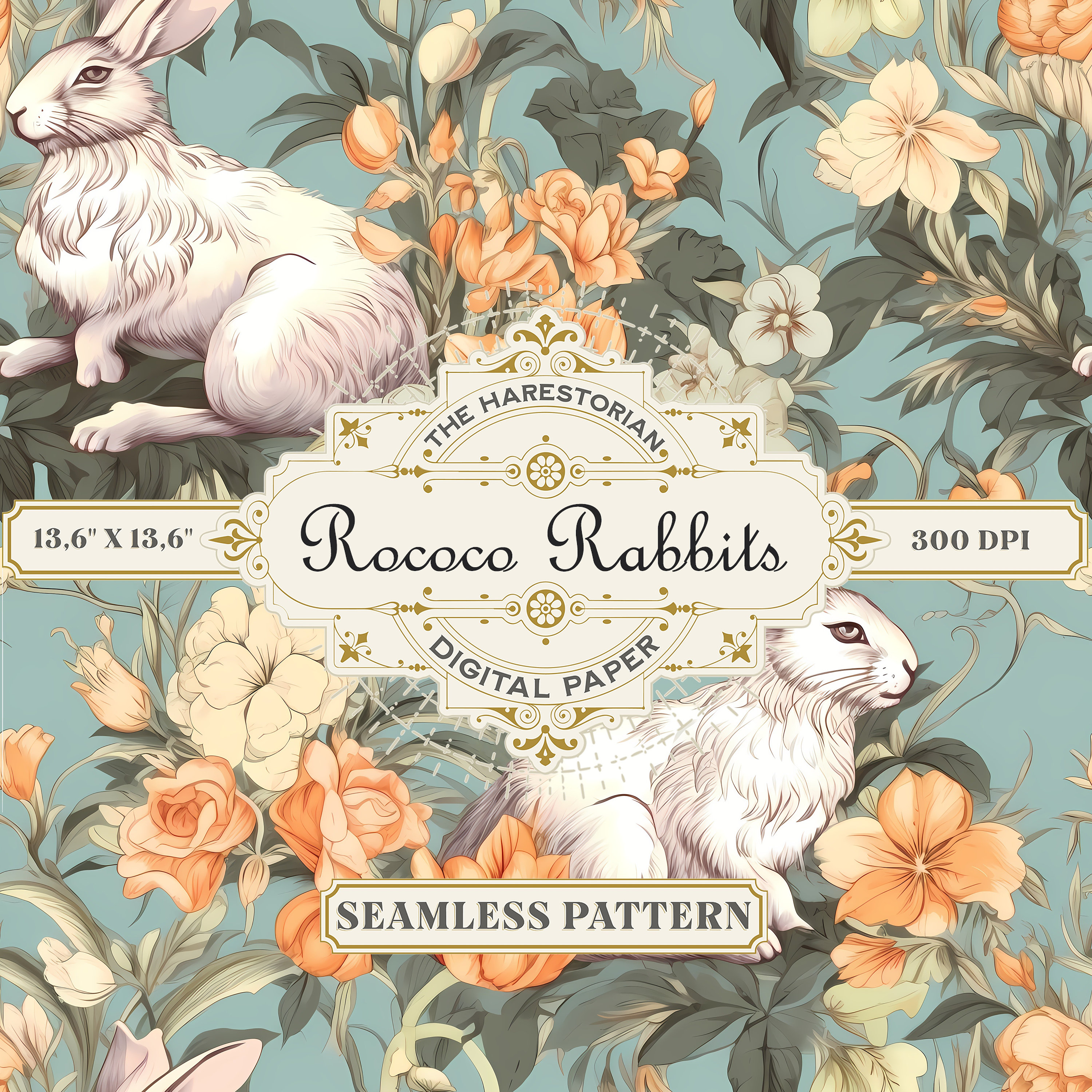 Rococo Rabbits set of 12 Vintage Bunny Wallpaper Digital - Etsy
