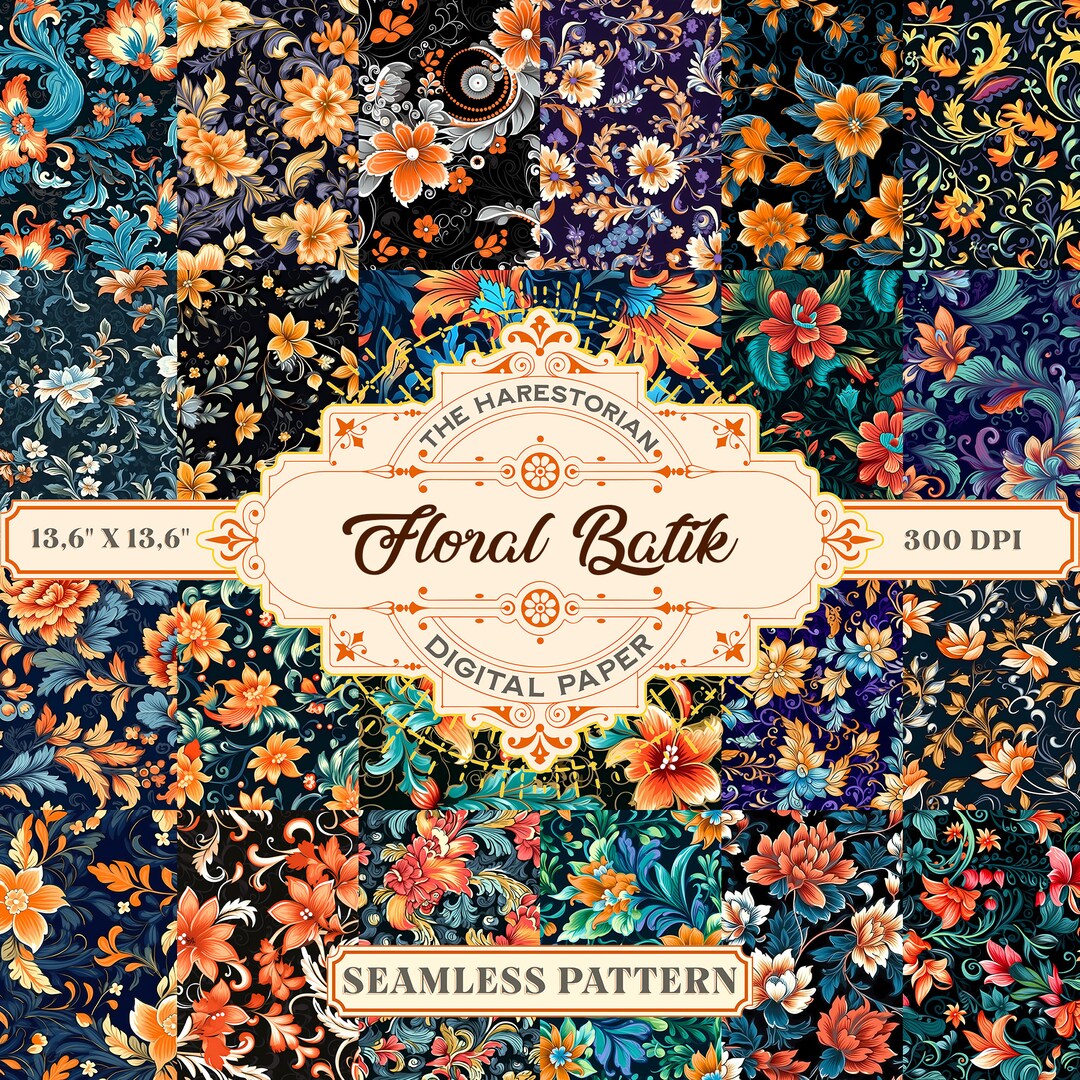 Floral Batik (set of 22), Vintage Flowers, Digital Art, Instant ...