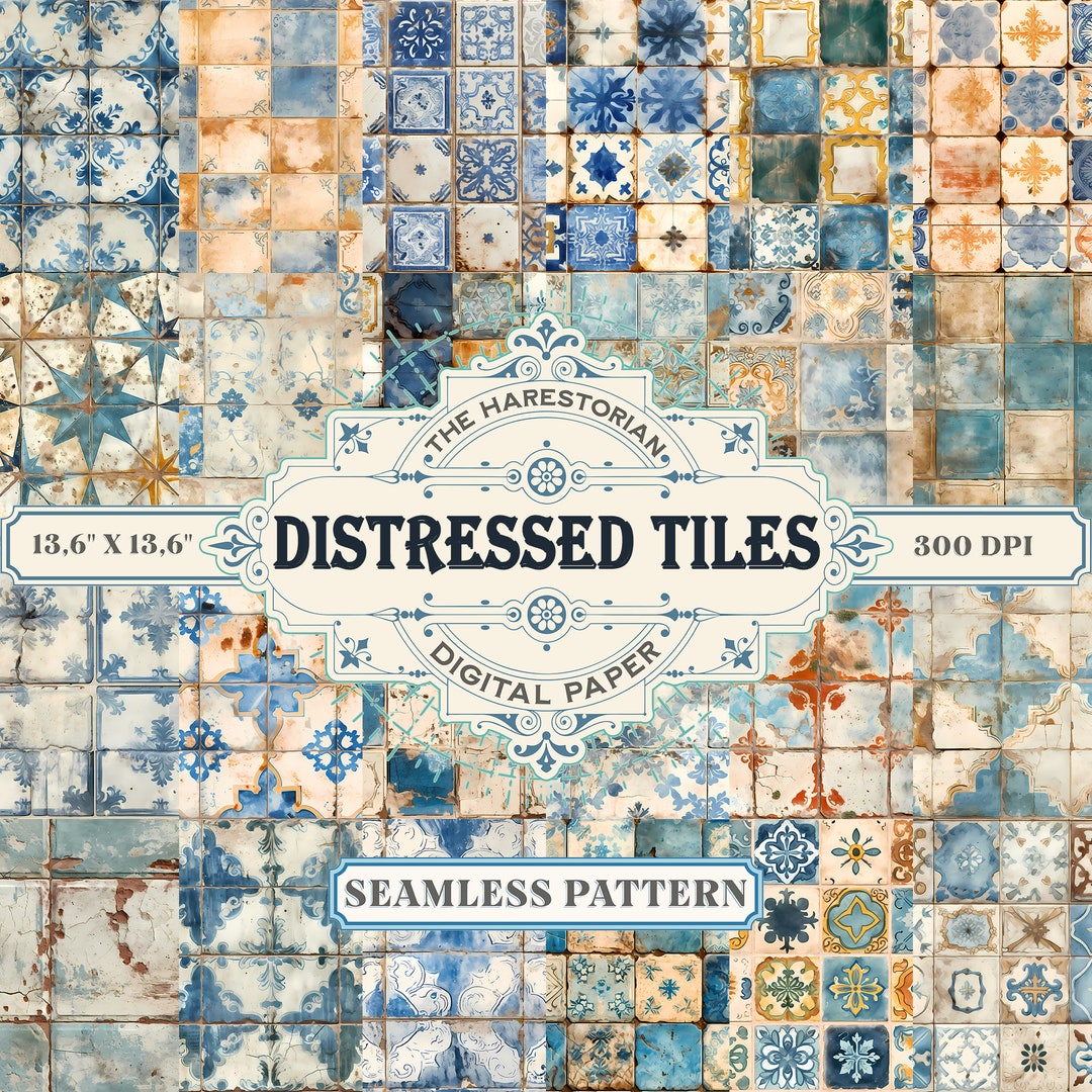 Distressed Tiles (set of 24), Old Vintage Kitchen Tiles, Digital Art ...