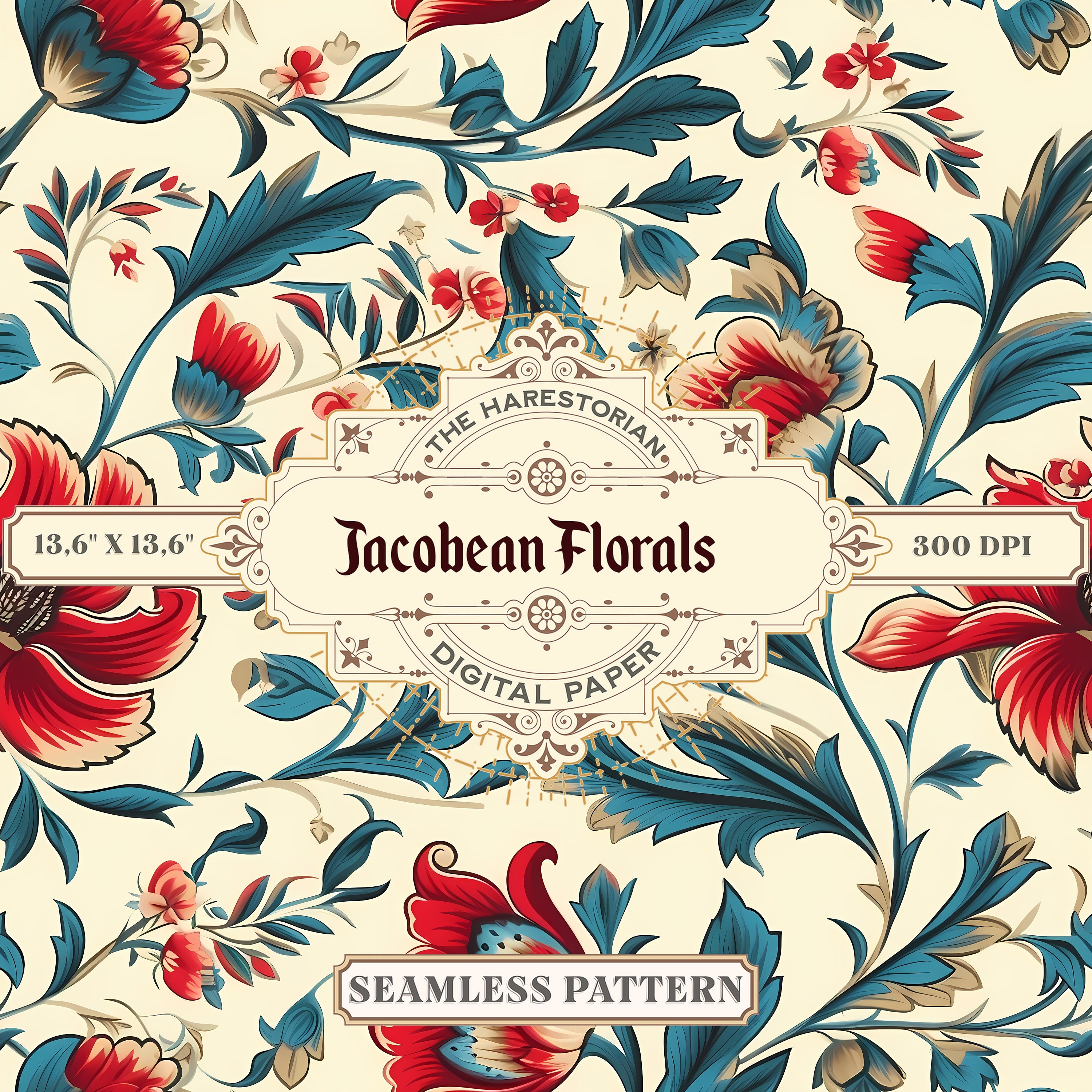 Jacobean Flowers (set of 22), English Pattern, Digital Art, Instant ...