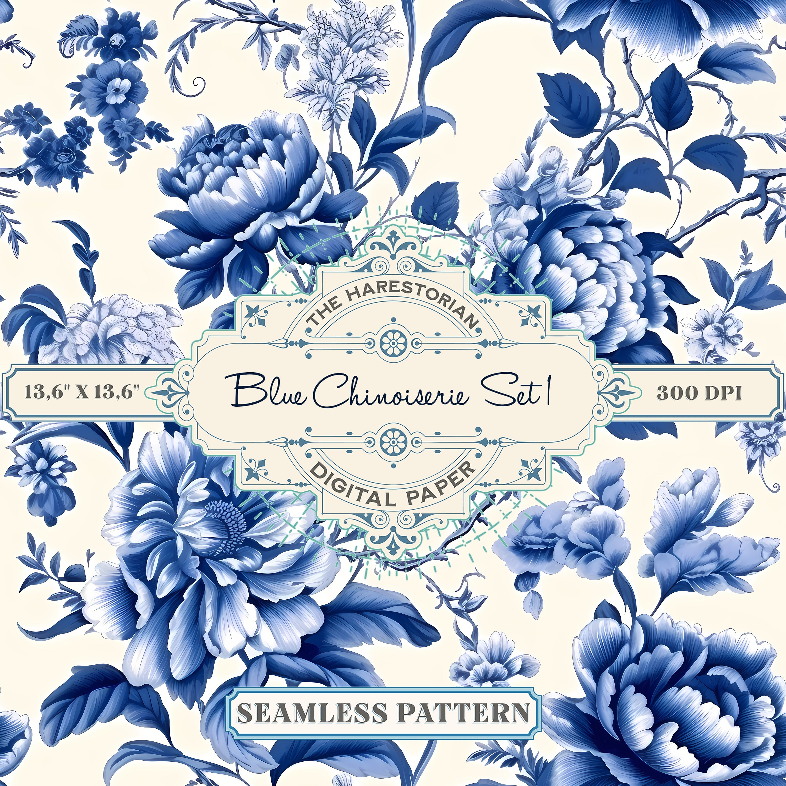 Blue Chinoiserie (set of 20), Eastern Asian Pattern, Digital Art ...