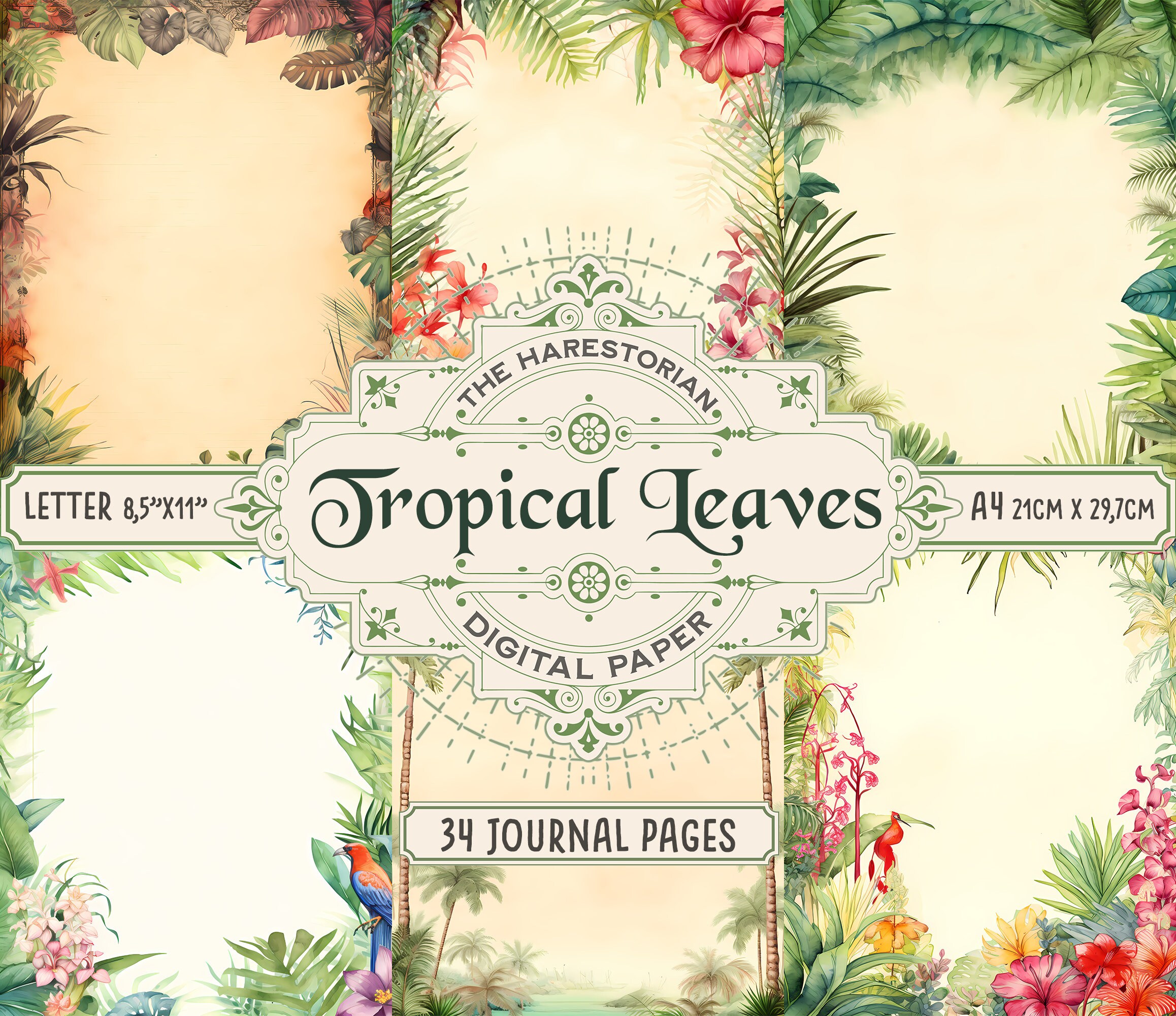 Tropical Leaves (set of 34), Junk Journal Pages, Letter & A4, Hawaiian ...