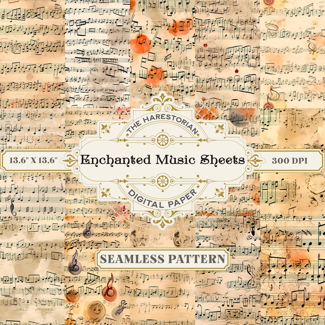Enchanted Music Sheets (set of 15), Musical Notes Pattern, Digital Art ...