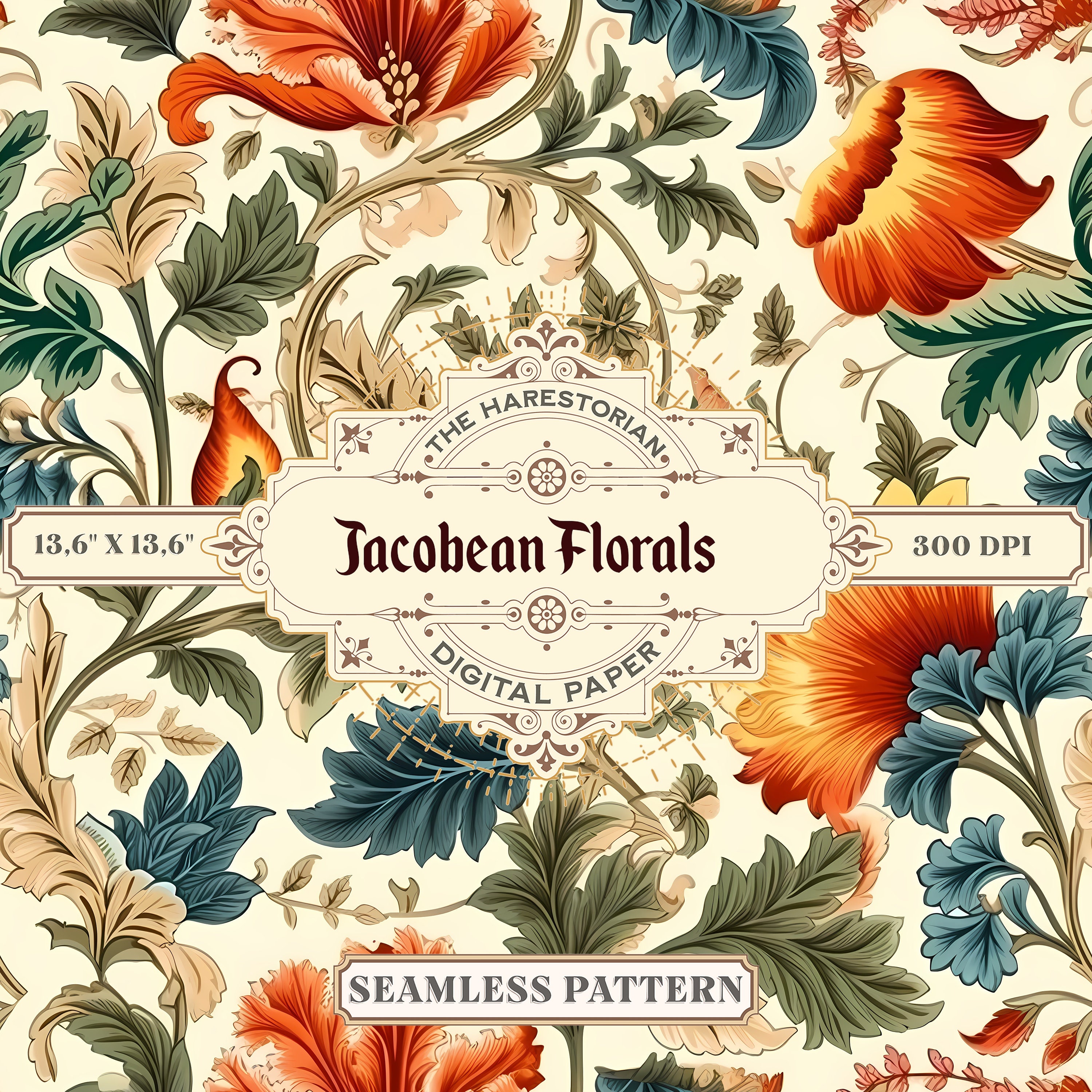 Jacobean Flowers (set of 22), English Pattern, Digital Art, Instant ...