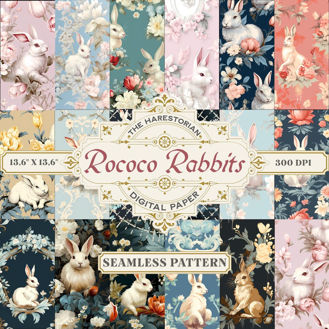 Rococo Rabbits (set of 18), Vintage Bunny Wallpaper, Easter, Digital Art, Instant Download ...