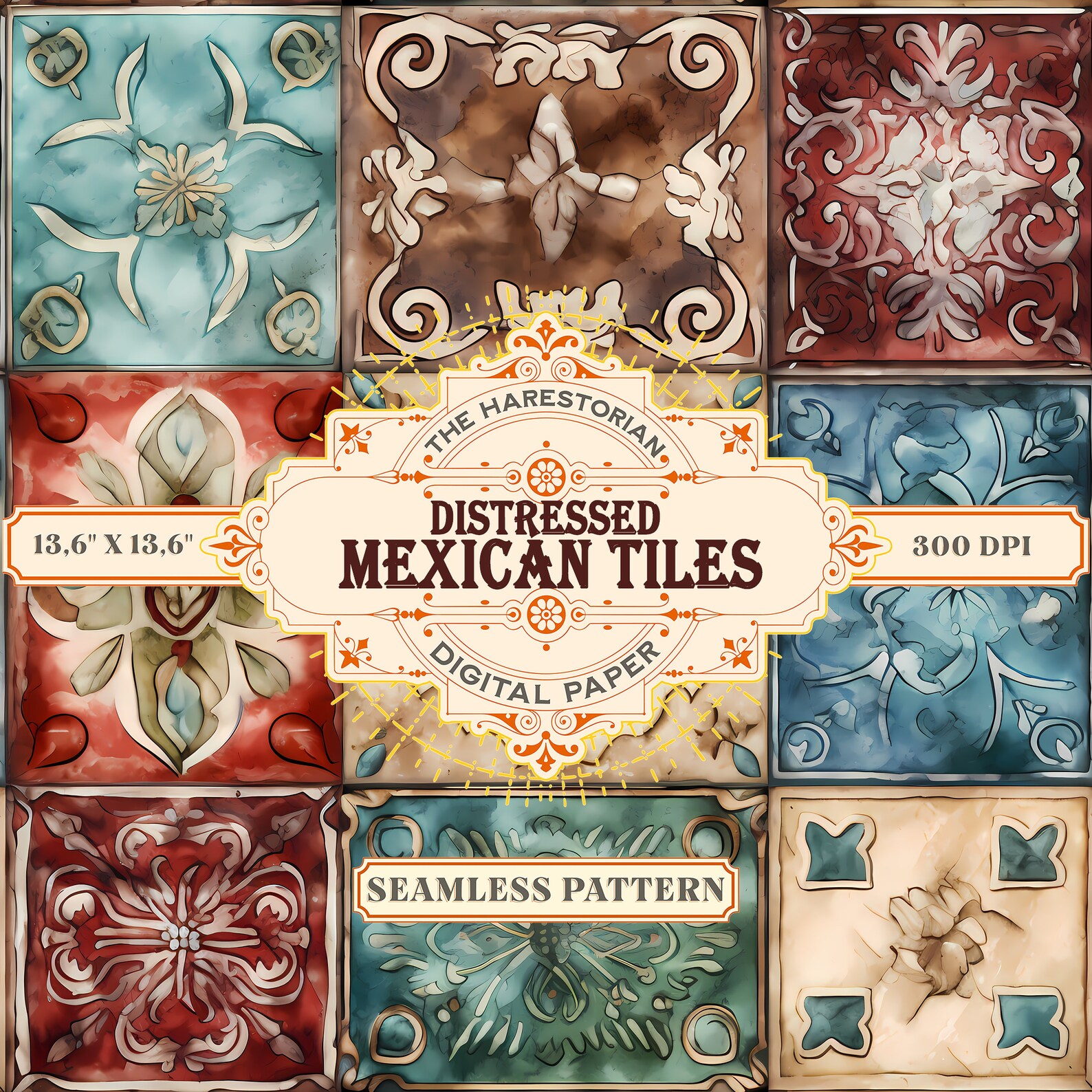 Distressed Mexican Tiles (set of 20), Digital Art, Instant Download ...