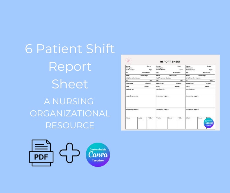 6 Patient Shift Report Sheet-canva Template and Pdf-med Surg Report ...