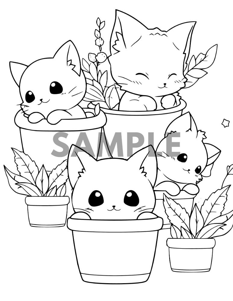 Kawaii Cat Coloring Pages for Coloring Books - Etsy