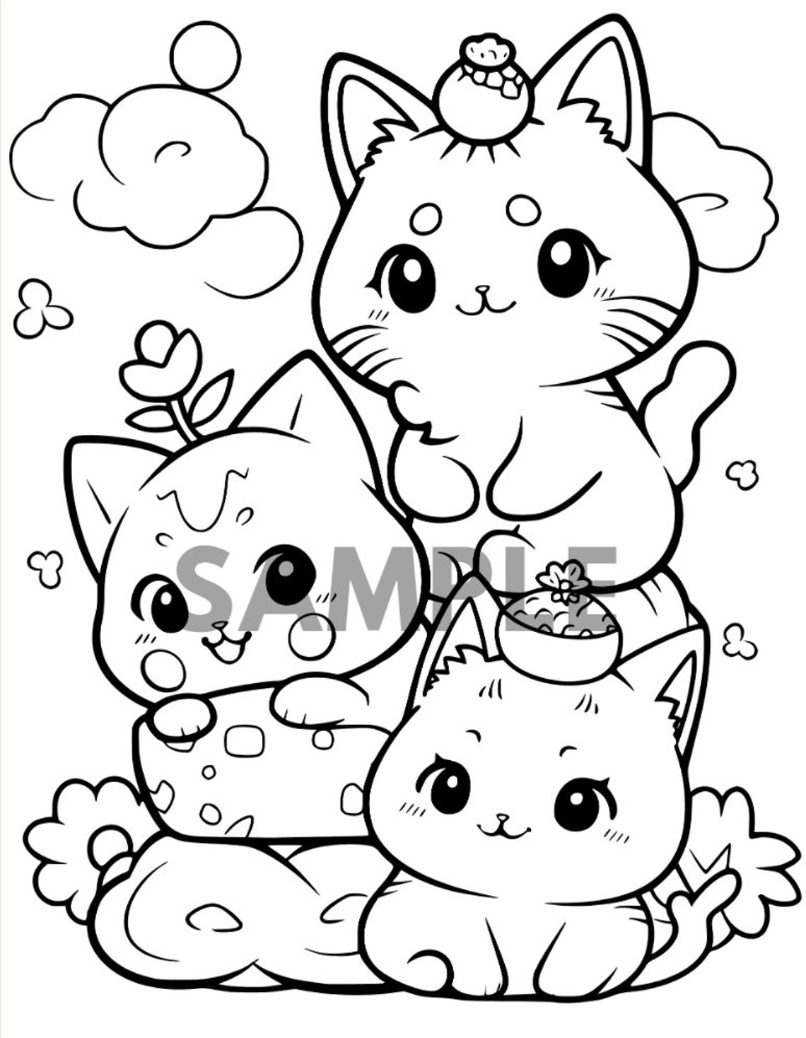 Kawaii Cat Coloring Pages for Coloring Books - Etsy