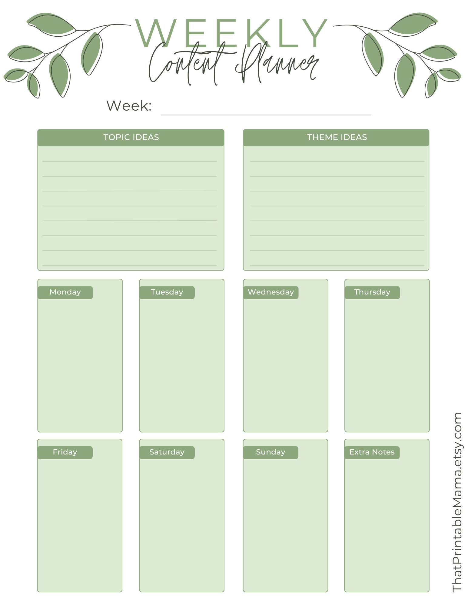 Green Weekly Content Planner Template - Etsy