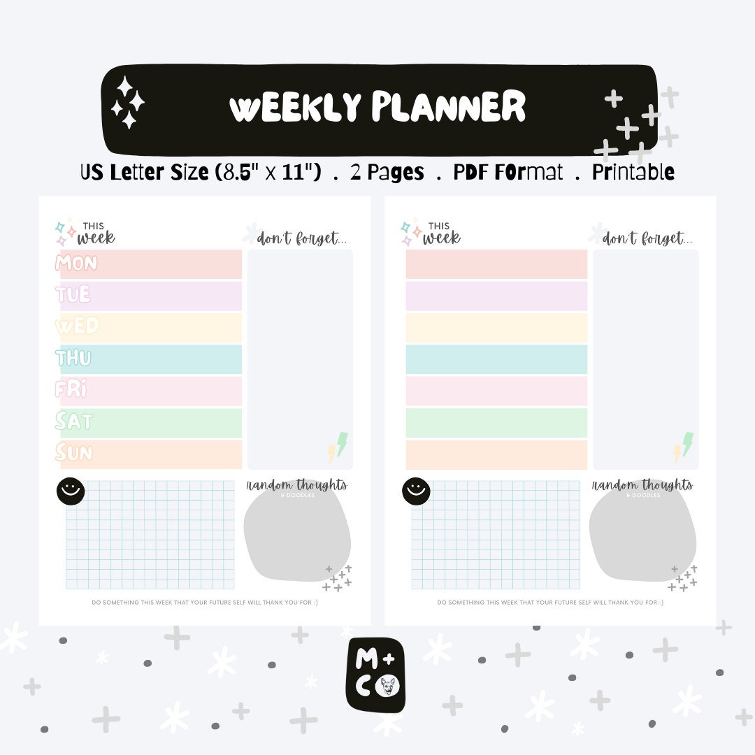 Weekly Planner (monday-sunday) - Colorful - Digital Printable File (US ...
