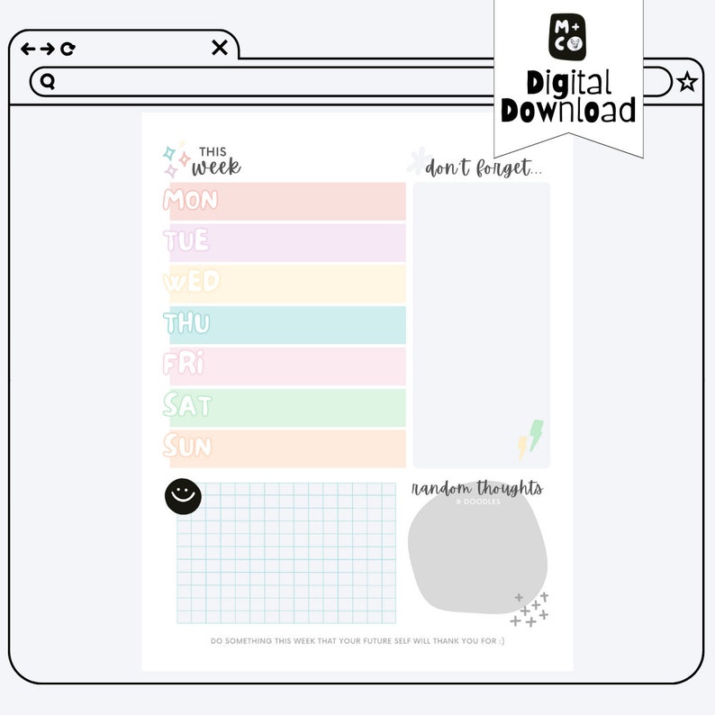 Weekly Planner (monday-sunday) - Colorful - Digital Printable File (US ...
