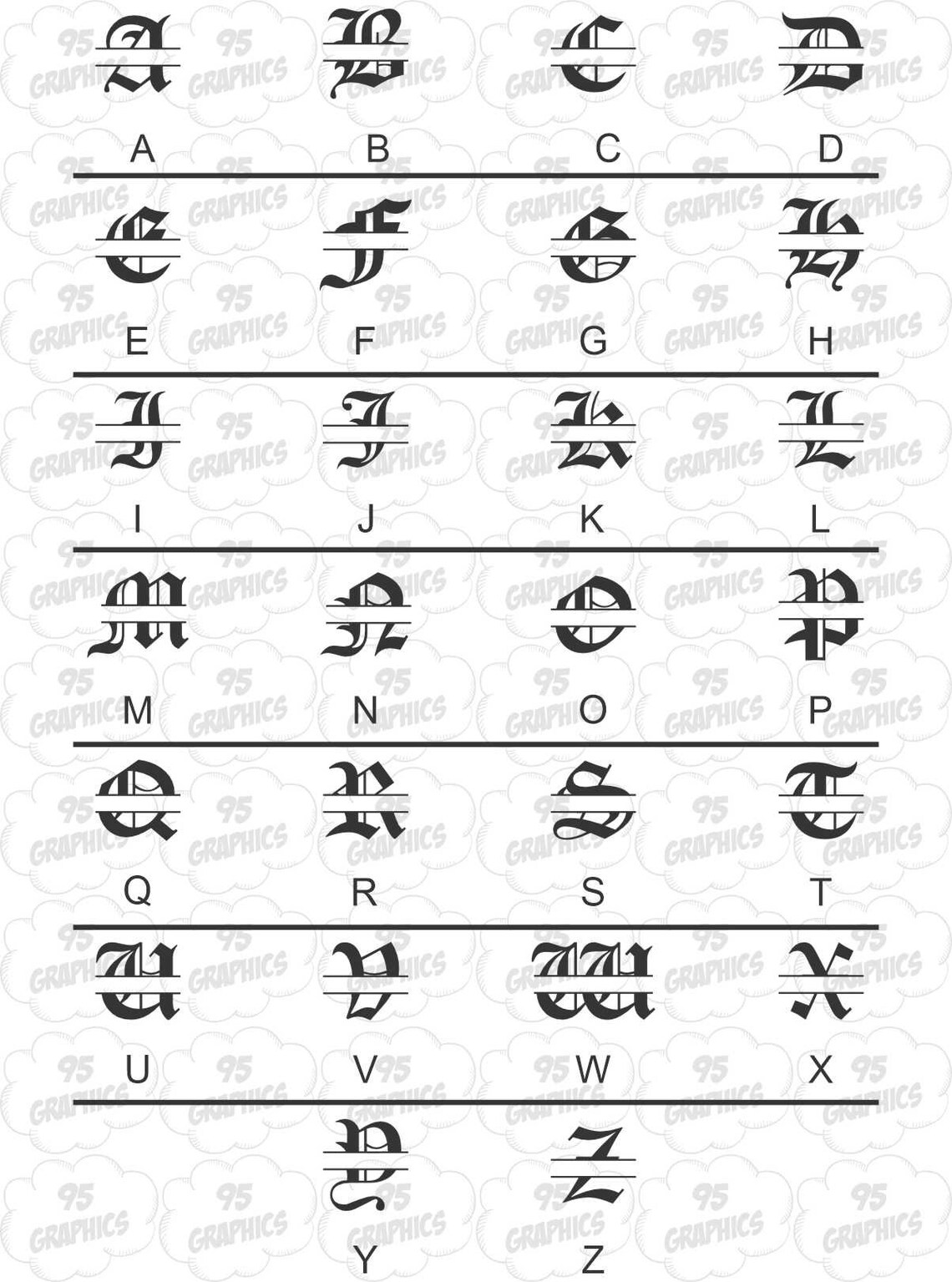 Split Monogram Fonts Letters SVG, PNG, DXF. Individual Files for Each ...