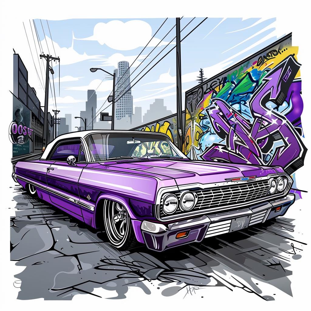 Purple 1962 1963 1964 Chevrolet Impala Lowrider Art Chevy Low Rider Man ...