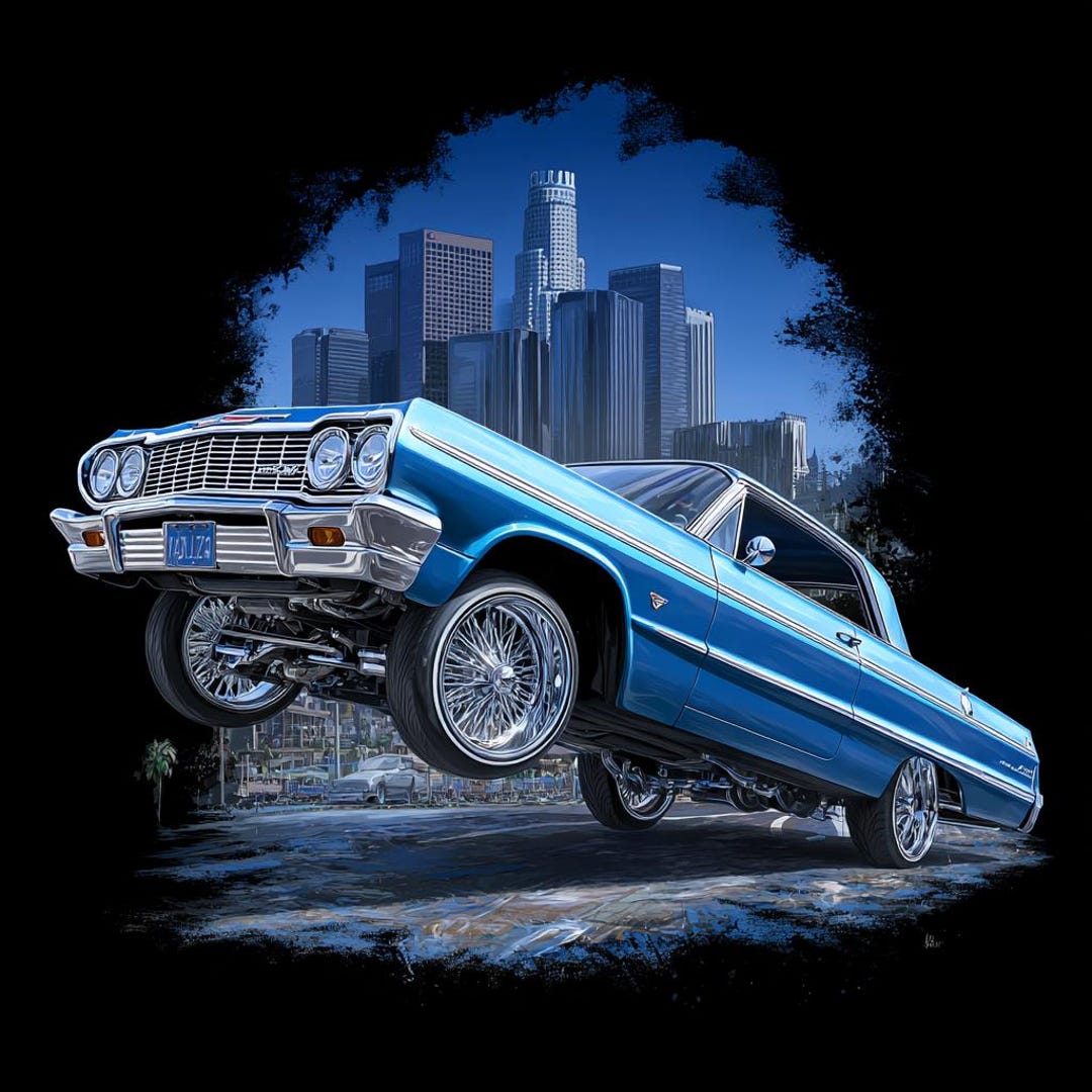 Blue 1964 Chevrolet Impala Lowrider Hopper Hopping Art Low Rider Chevy ...