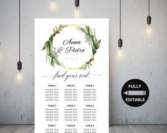 Neutral Greenery Seating Chart , Minimalist Wedding Sign, Editable Seating Chart Template - Etsy