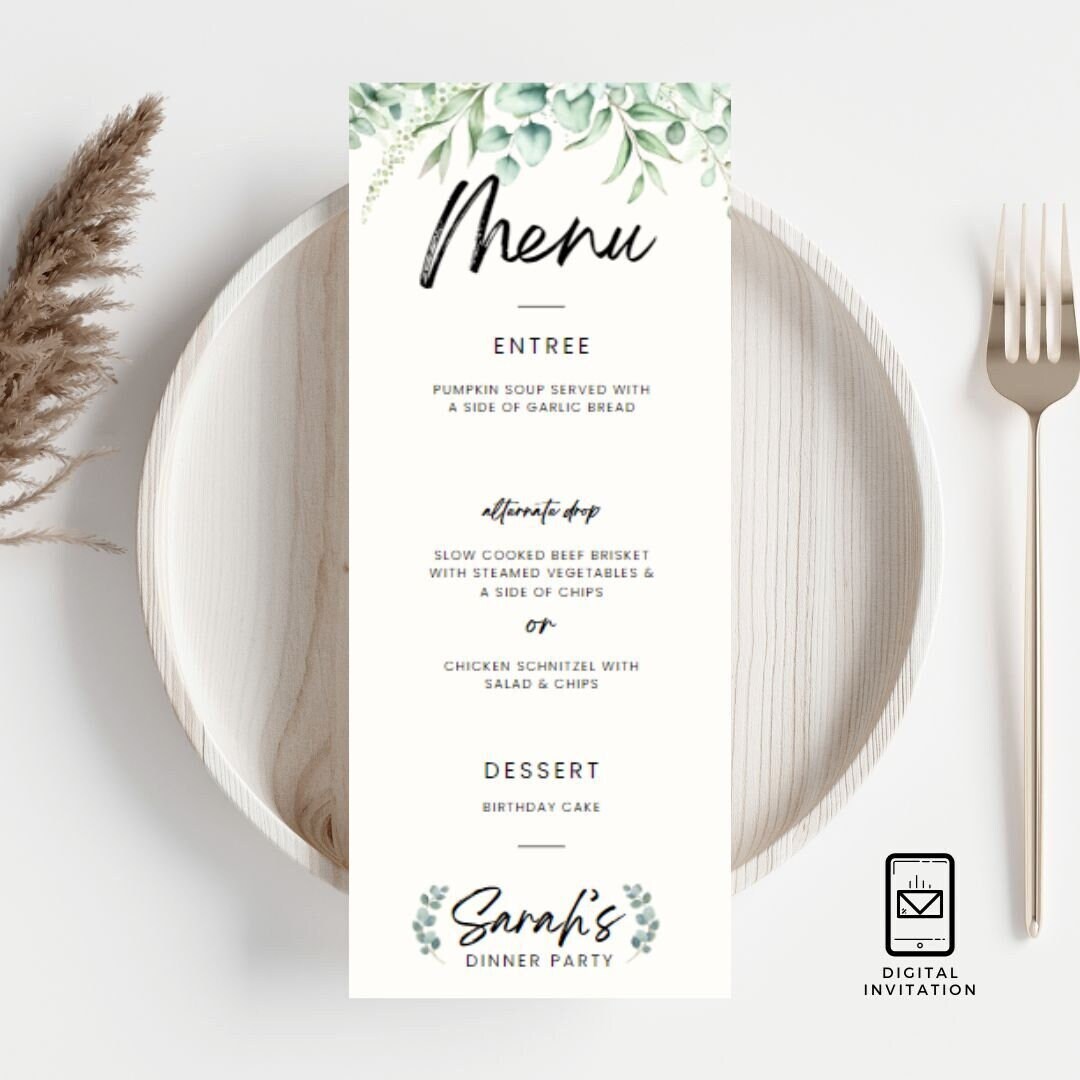 Editable Greenery Menu Template . Eucalyptus & Cream Background . Party ...