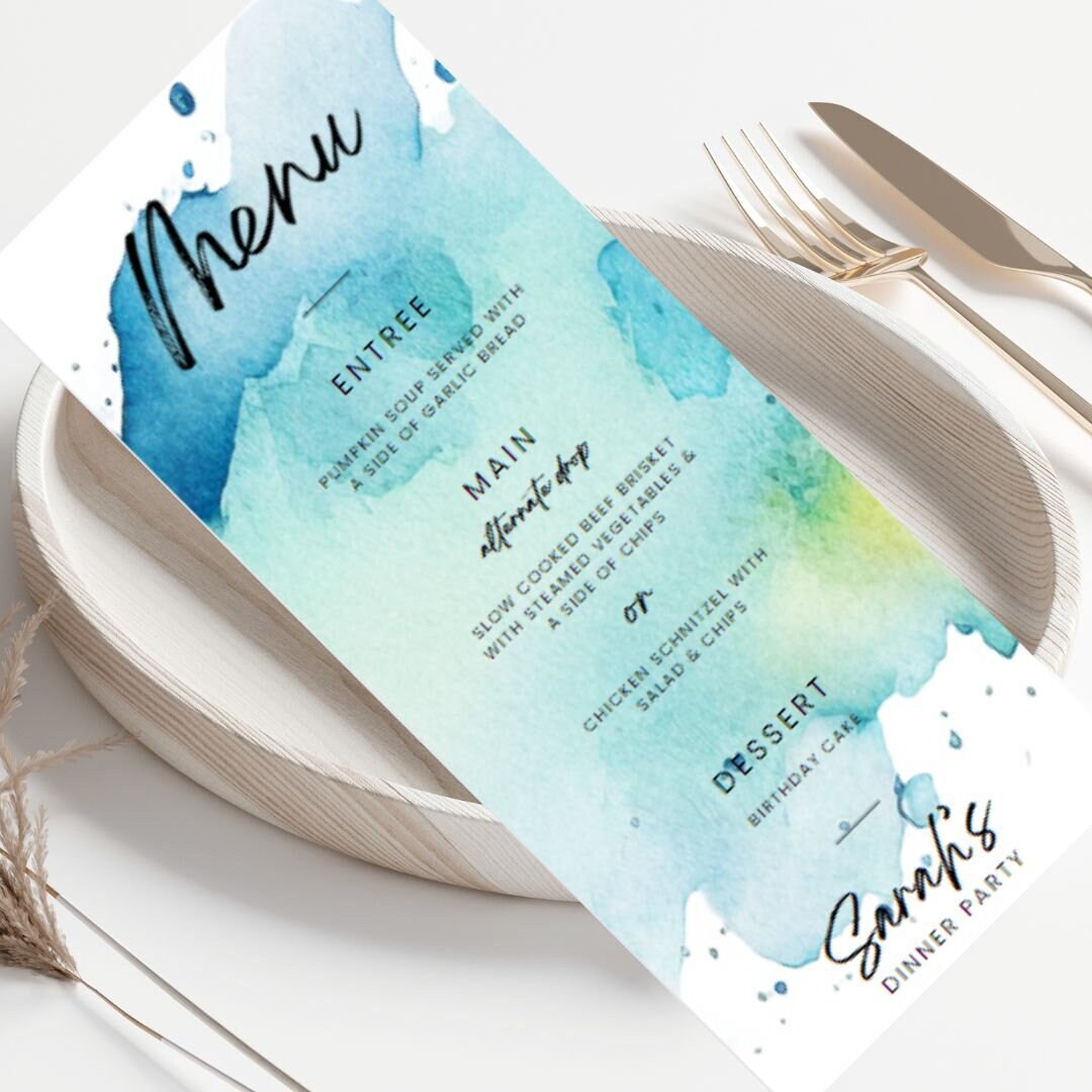 Editable Watercolor Menu Template - Blue & Teal Hues - Party, Event ...