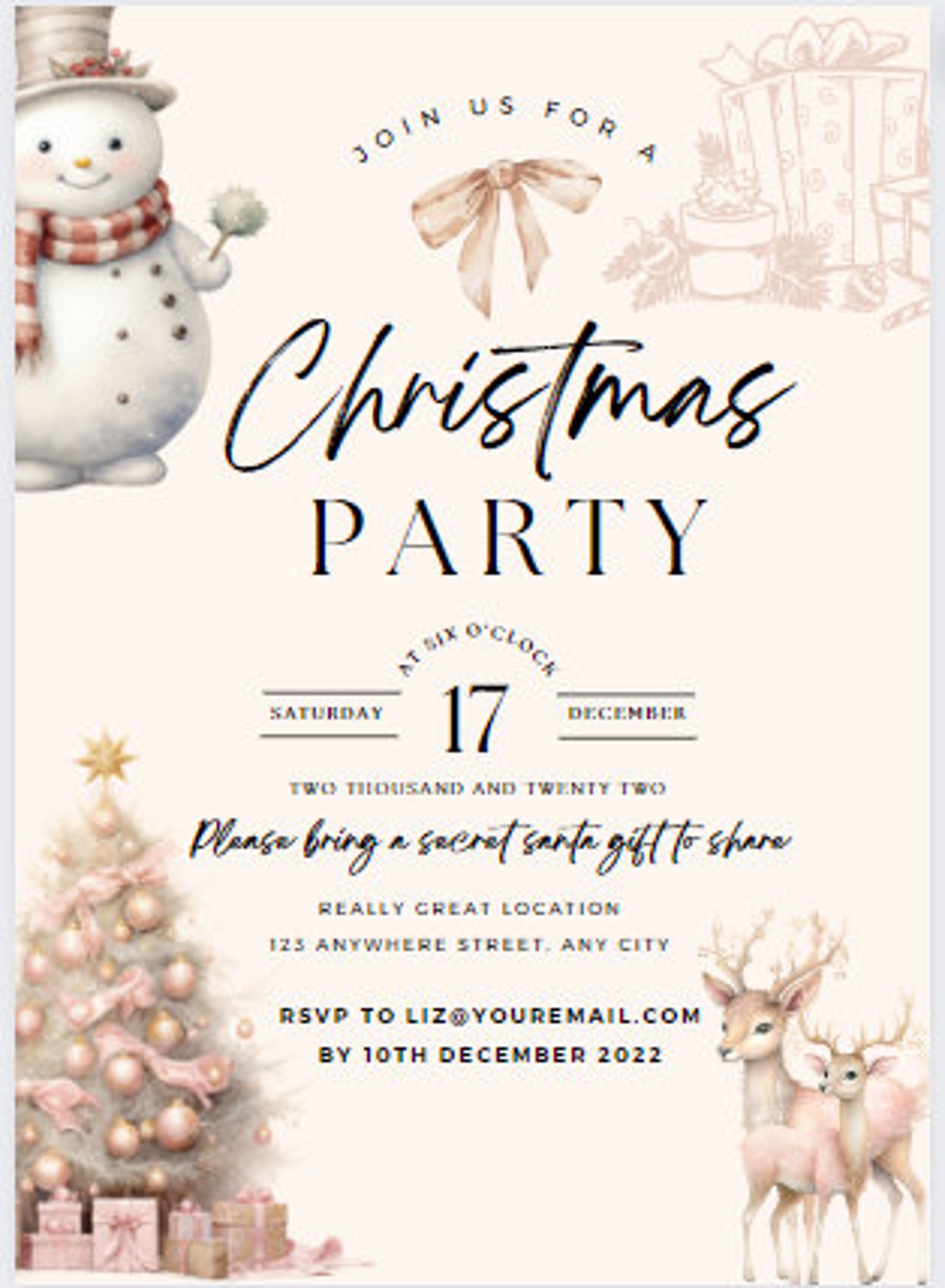 Blush Pink , Christmas Party Invitation , Instant Download , Snowman ...