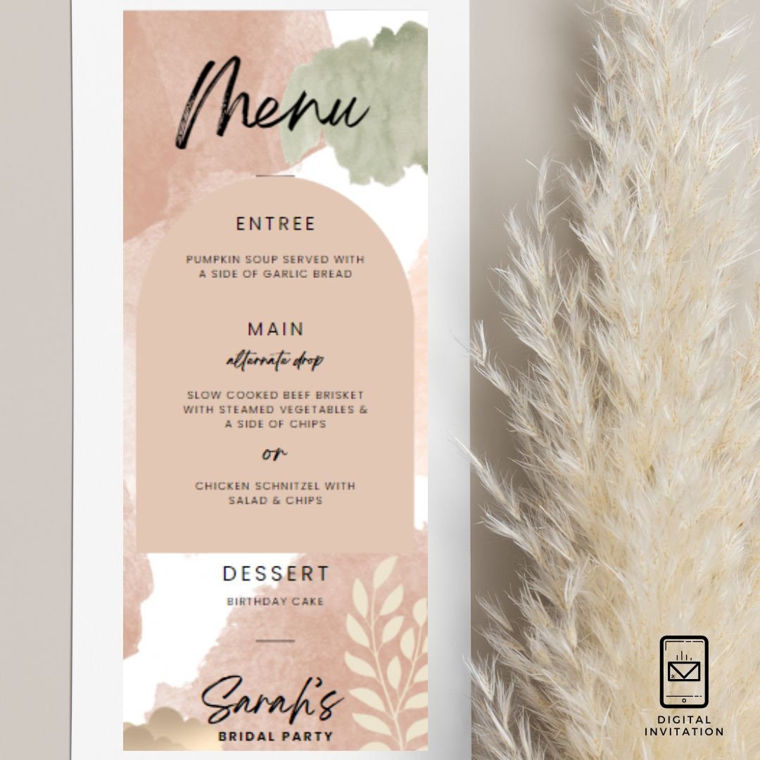 Editable Boho Wedding Menu Template - Abstract Design in Mauve, Earth ...