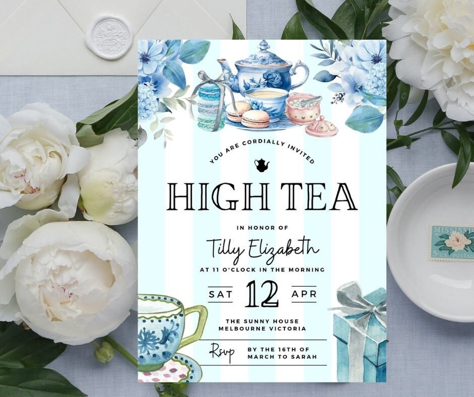 Editable Tea Party Invitation ,victorian Garden Tea Party, Blue Theme ...