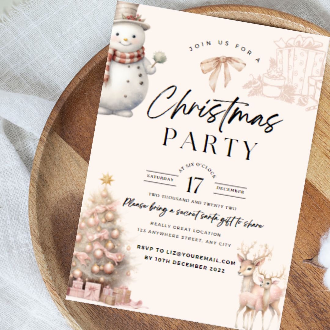 Blush Pink , Christmas Party Invitation , Instant Download , Snowman ...
