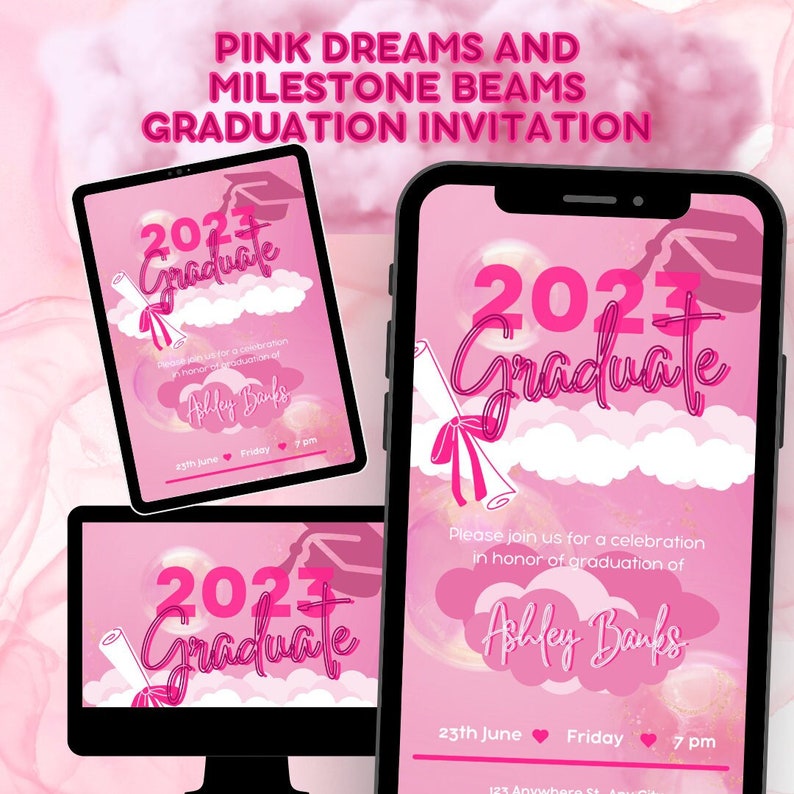 Pink Editable Digital Graduation Invitation Template, Instant Canva ...