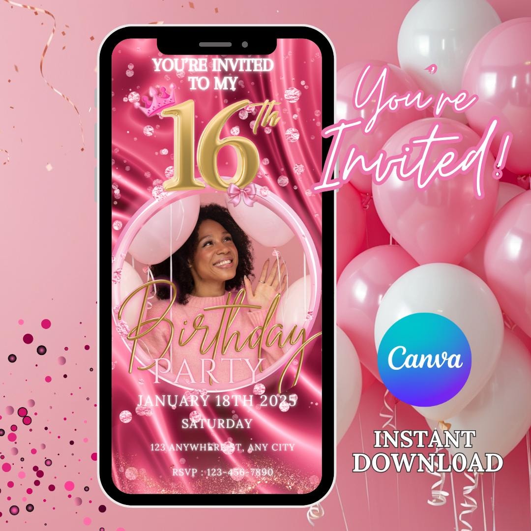 Sweet 16 Birthday Invitation | Editable Canva Template With Photo ...