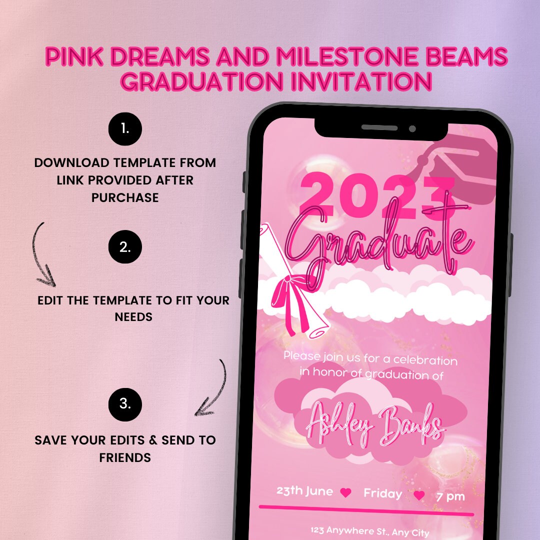 Pink Editable Digital Graduation Invitation Template, Instant Canva ...