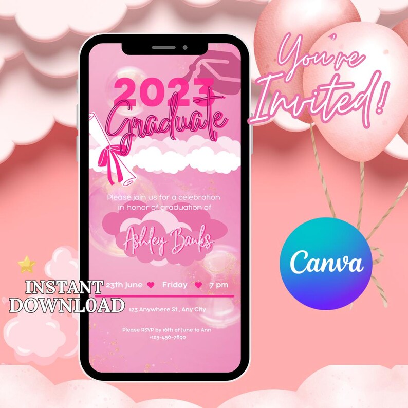 Pink Editable Digital Graduation Invitation Template, Instant Canva ...
