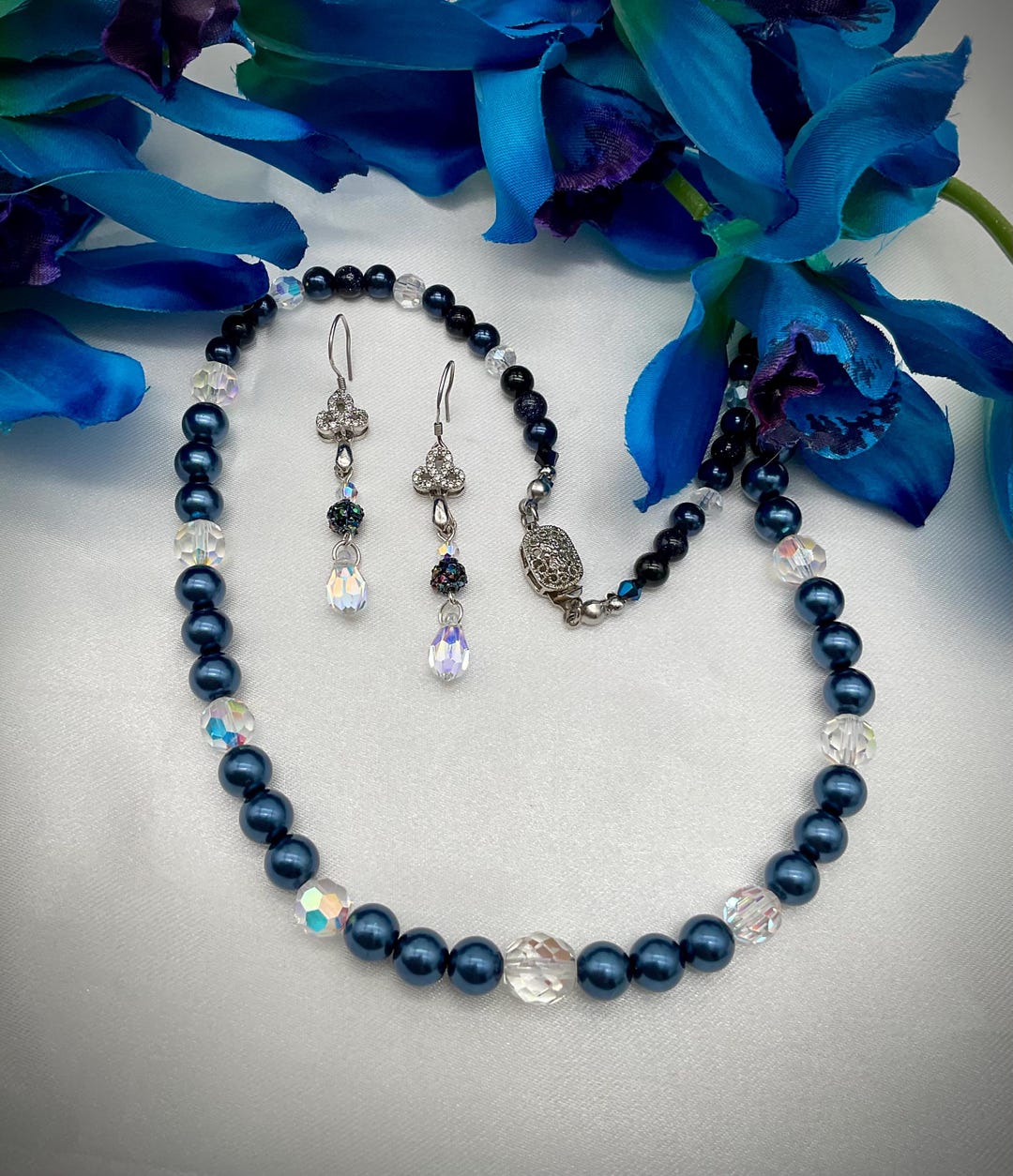 Navy Blue Pearl Necklace 18” CRYSTAL Accents and Matching Earrings ...
