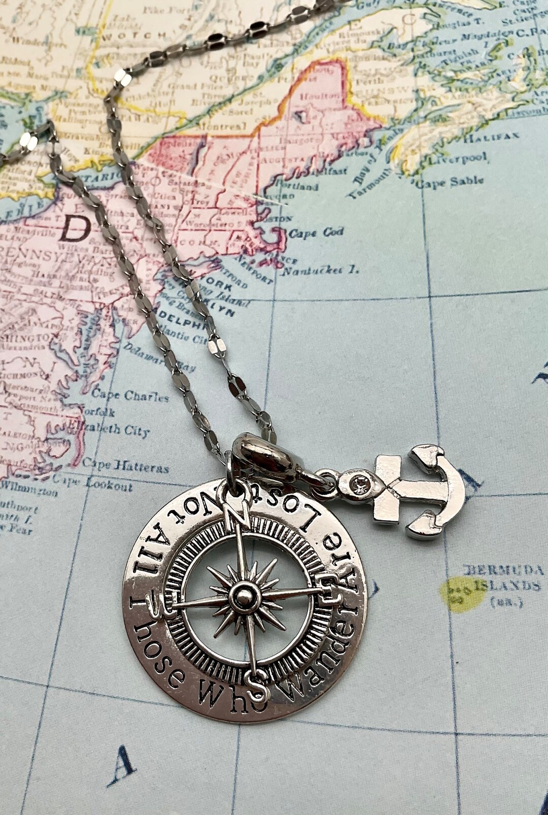 Nautical Anchor Naval GPS Compass Necklace Not All Those Who Wander Are ...