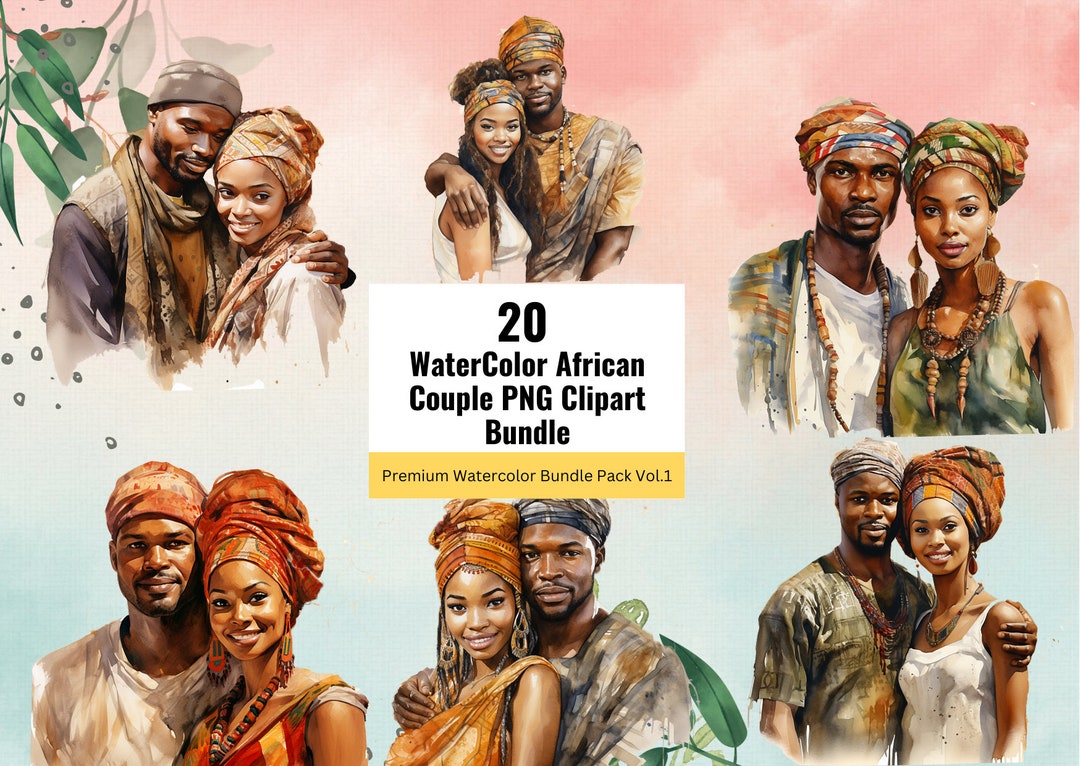 20 Watercolor African Couple Bundle 300 Dpi Clipart PNG, SVG and JPG ...