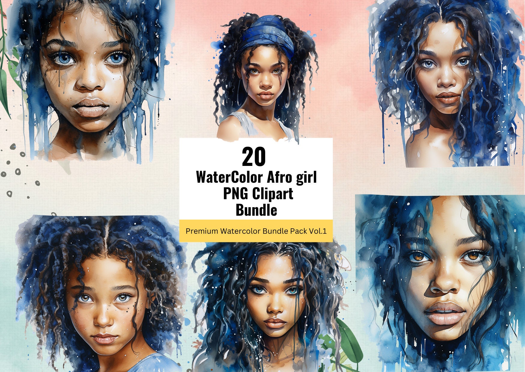 20 Watercolor Afro Black Girl Black Woman Bundle 300 Dpi Clipart PNG ...
