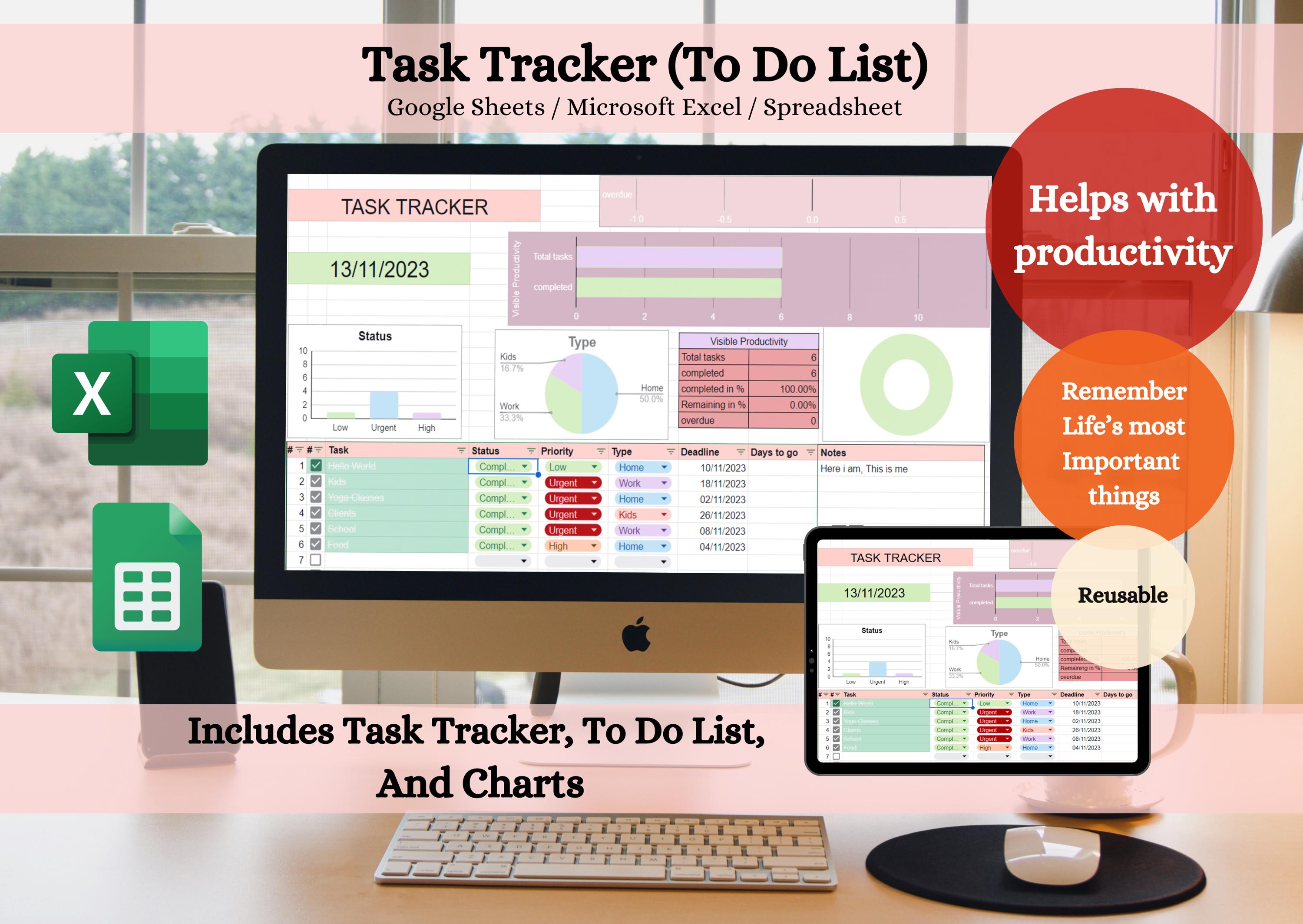 Daily task Tracker Template Spreadsheet Excel Sheet and Google Sheets ...