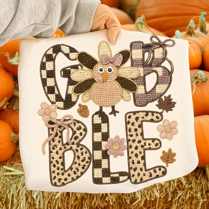 Gobble Turkey Girl Kid Toddler Png, Faux Yarn Crochet Sublimation ...
