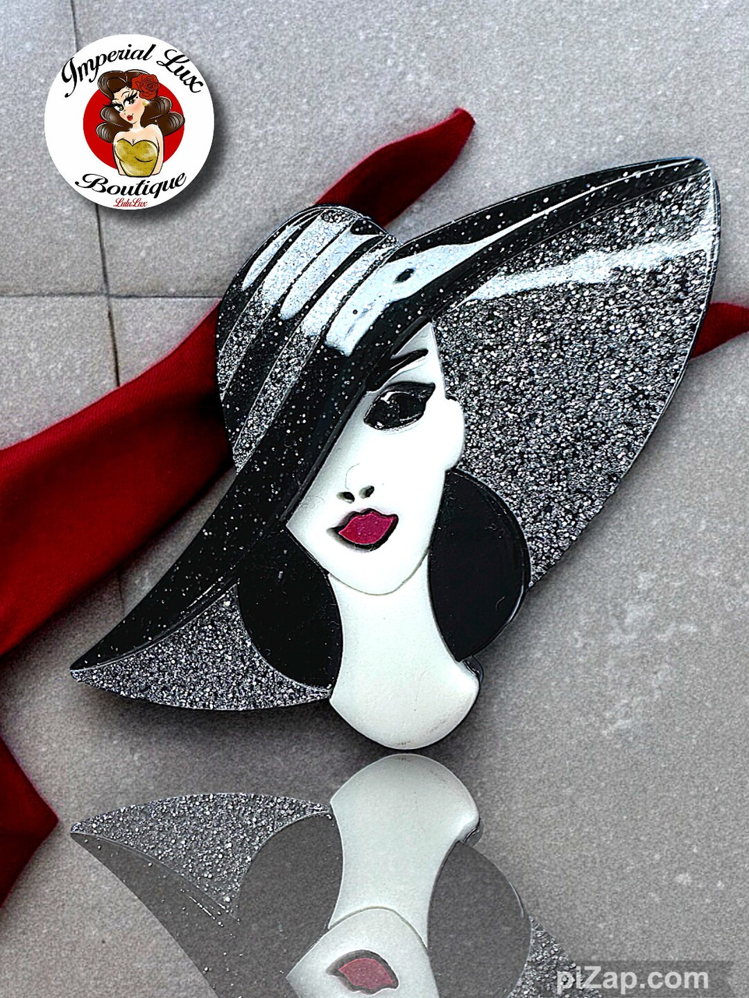 Lux High Gloss Silver / Black Flake Striped Big Glam Hat Feminine Lady ...