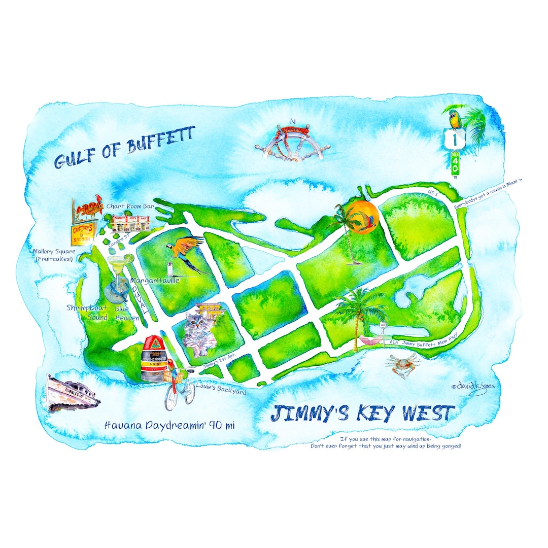 Jimmy Buffett's Key West Florida Map, Parrothead Watercolor Art Print ...