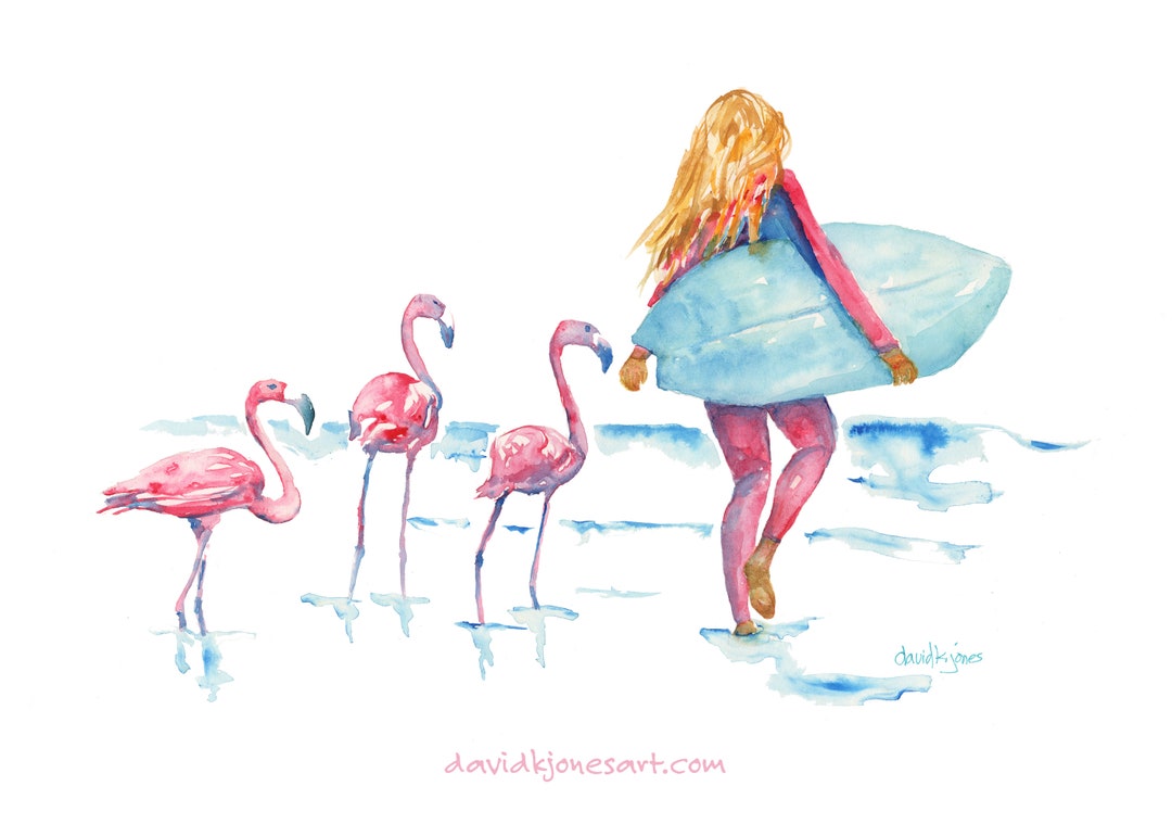 Florida Flamingo Surfer Girl Art Print: Beach Watercolor - Etsy