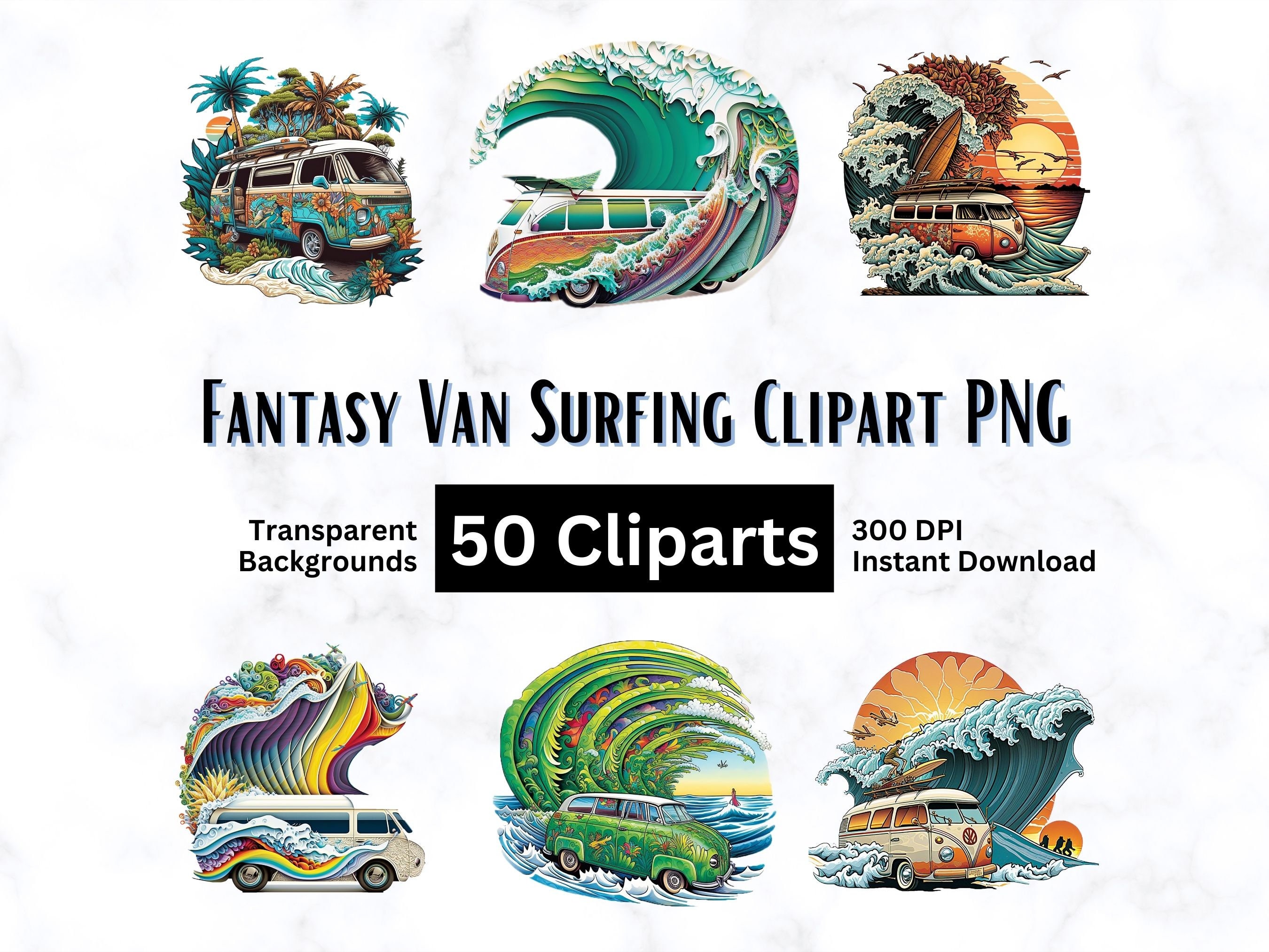 Fantasy Van Surfing Clipart Bundle of 50 Cliparts in PNG Format at 300 ...