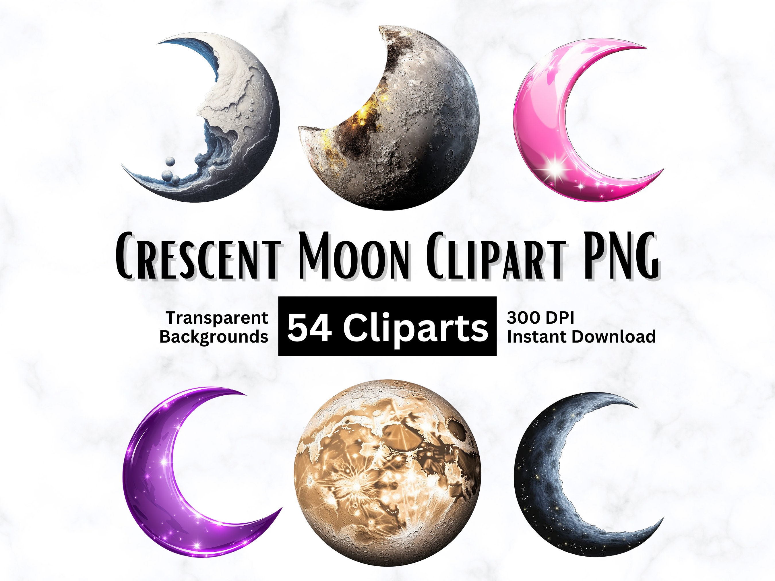 Crescent Moon Clipart Bundle of 54 Cliparts in PNG Transparent ...