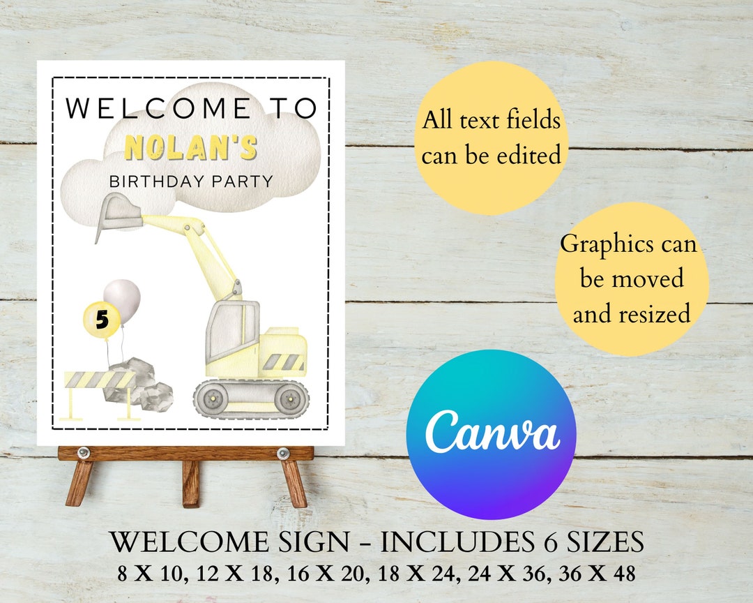 Welcome Excavator Party Sign Customizable Printable Welcome - Etsy