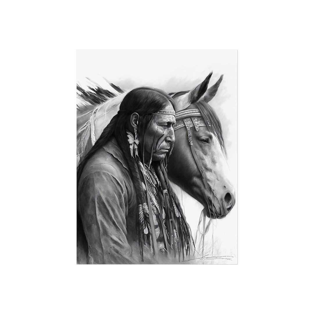 Sad Native American With Horse Fine Art Poster | Pencil Drawing ...